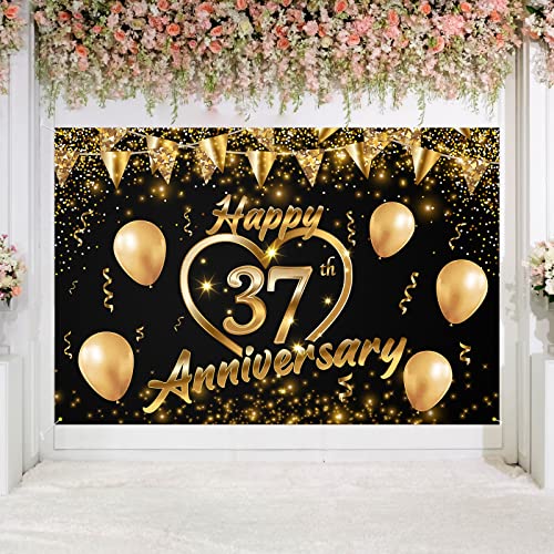 Happy 37th Anniversary Backdrop Banner Decor Black Gold – Glitter Love Heart Happy 37 Years Wedding Anniversary Party Theme Decorations for Women Men Supplies, 3.9 x 5.9 ft