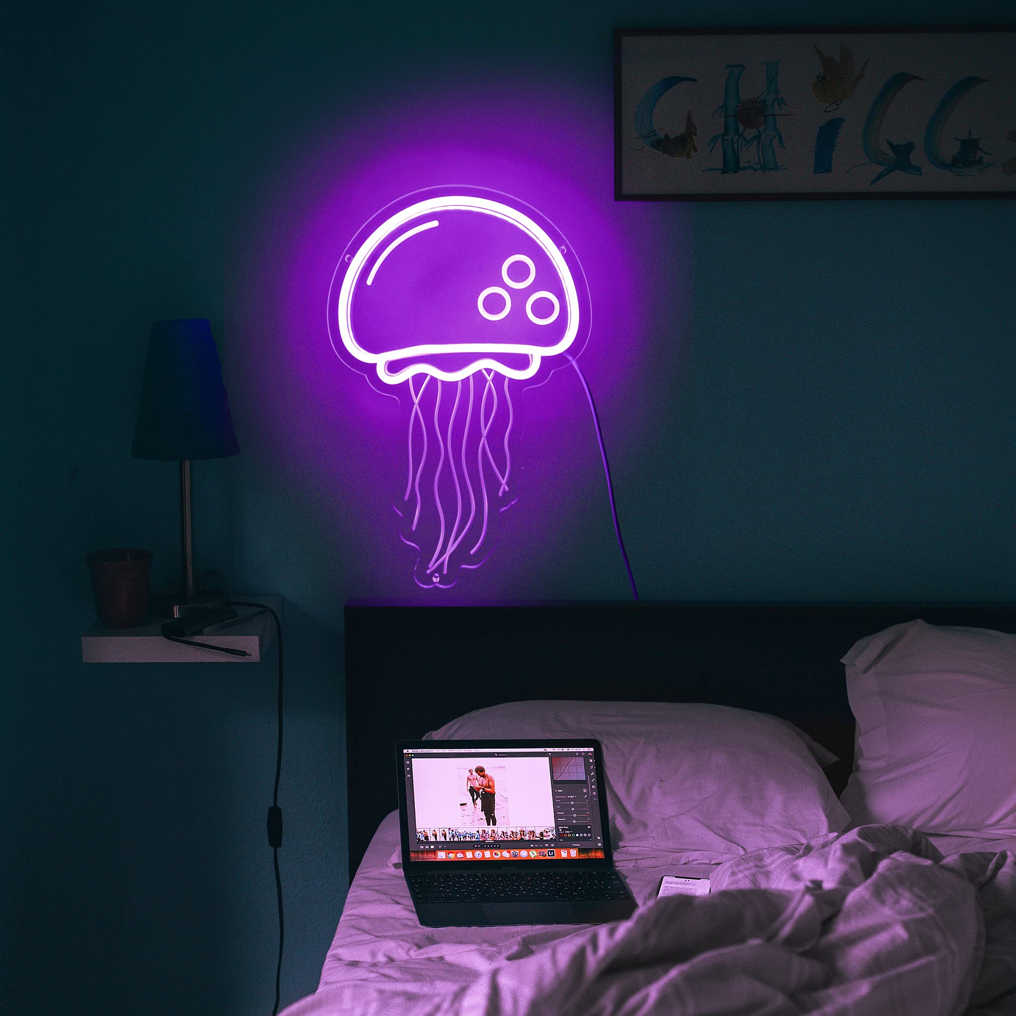 Jellyfish Neon Signs for Wall Decor Light Up Personalized for Bedroom, Bar, Birthday, Holiday Party, Wedding. USB Powered 3D Art Creative Purple Light LED with Dimmer Switch