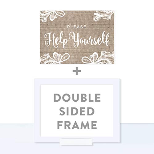 Andaz Press Wedding Framed Party Signs, Burlap Lace Printed Cardstock, 5x7-inch, Please Help Yourself Reception Dessert Table Sign, 1-Pack, Includes Frame