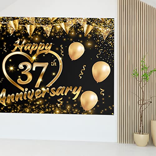 Happy 37th Anniversary Backdrop Banner Decor Black Gold – Glitter Love Heart Happy 37 Years Wedding Anniversary Party Theme Decorations for Women Men Supplies, 3.9 x 5.9 ft