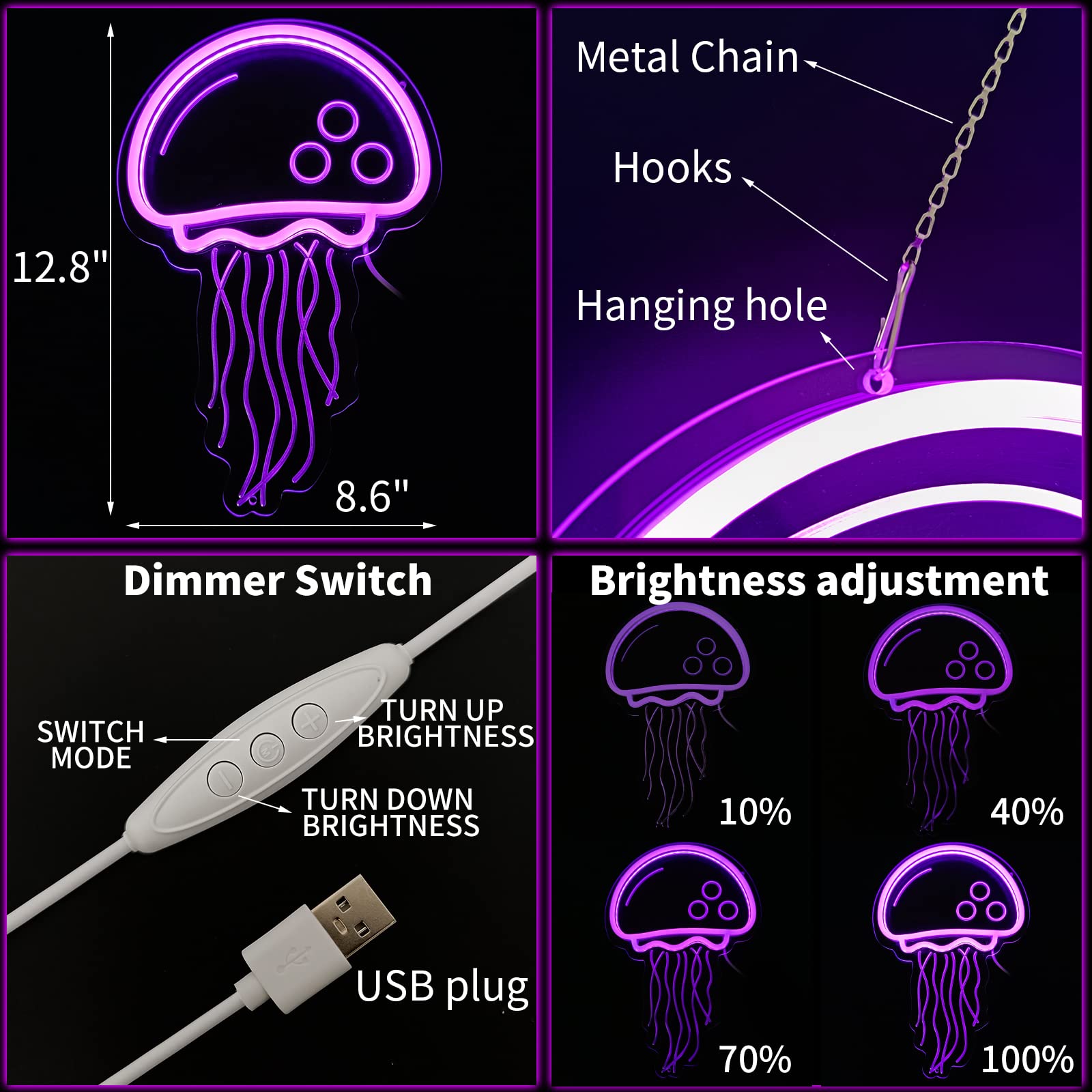Jellyfish Neon Signs for Wall Decor Light Up Personalized for Bedroom, Bar, Birthday, Holiday Party, Wedding. USB Powered 3D Art Creative Purple Light LED with Dimmer Switch