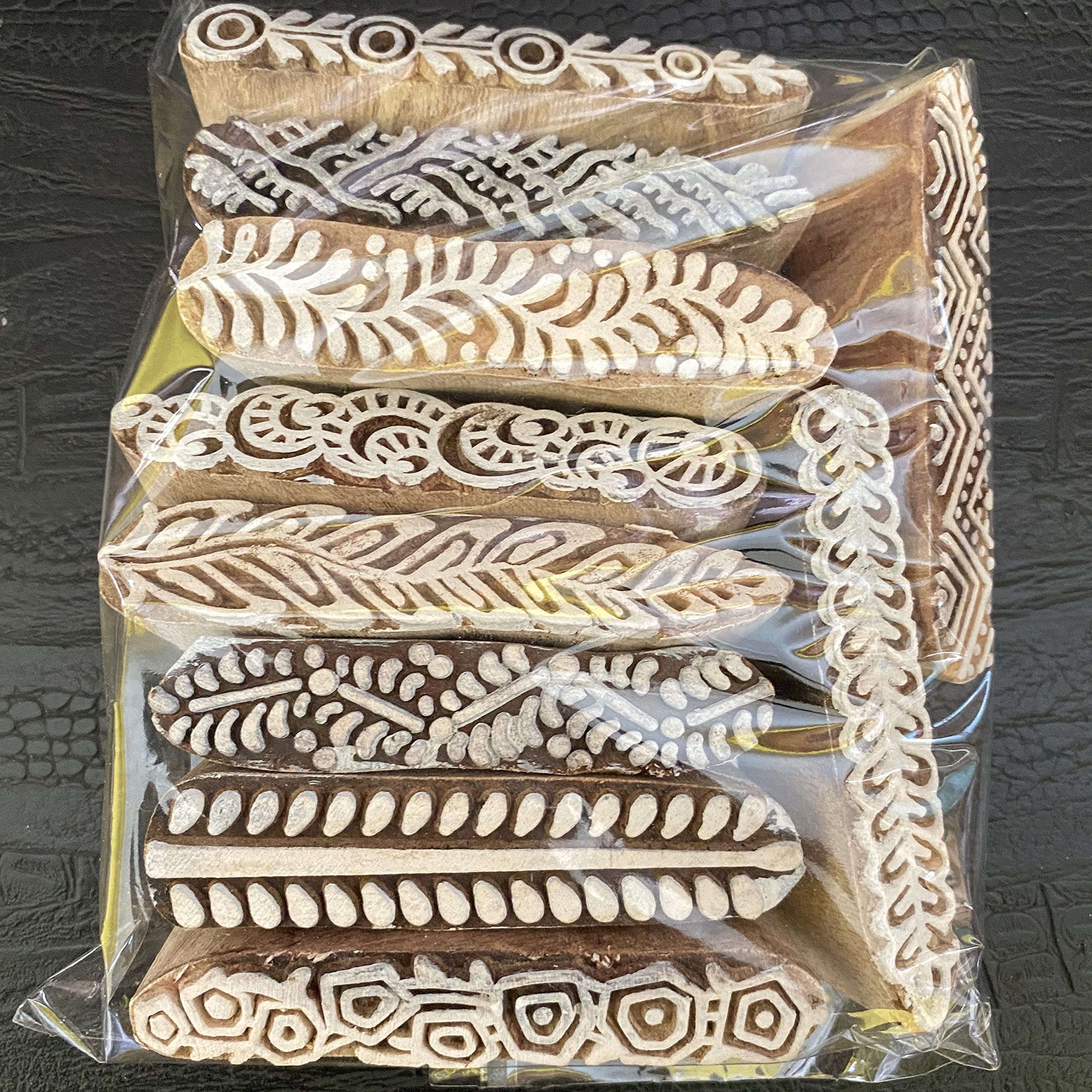 AnNafi® Mehendi Print Blocks| Border Pattern Wooden Stamps (Set of 10)| Fabric Wooden Stamps Border Pattern Printing Blocks| Designer Craft for Mehandi Textile Pottery Saree Border Canvas Painting |