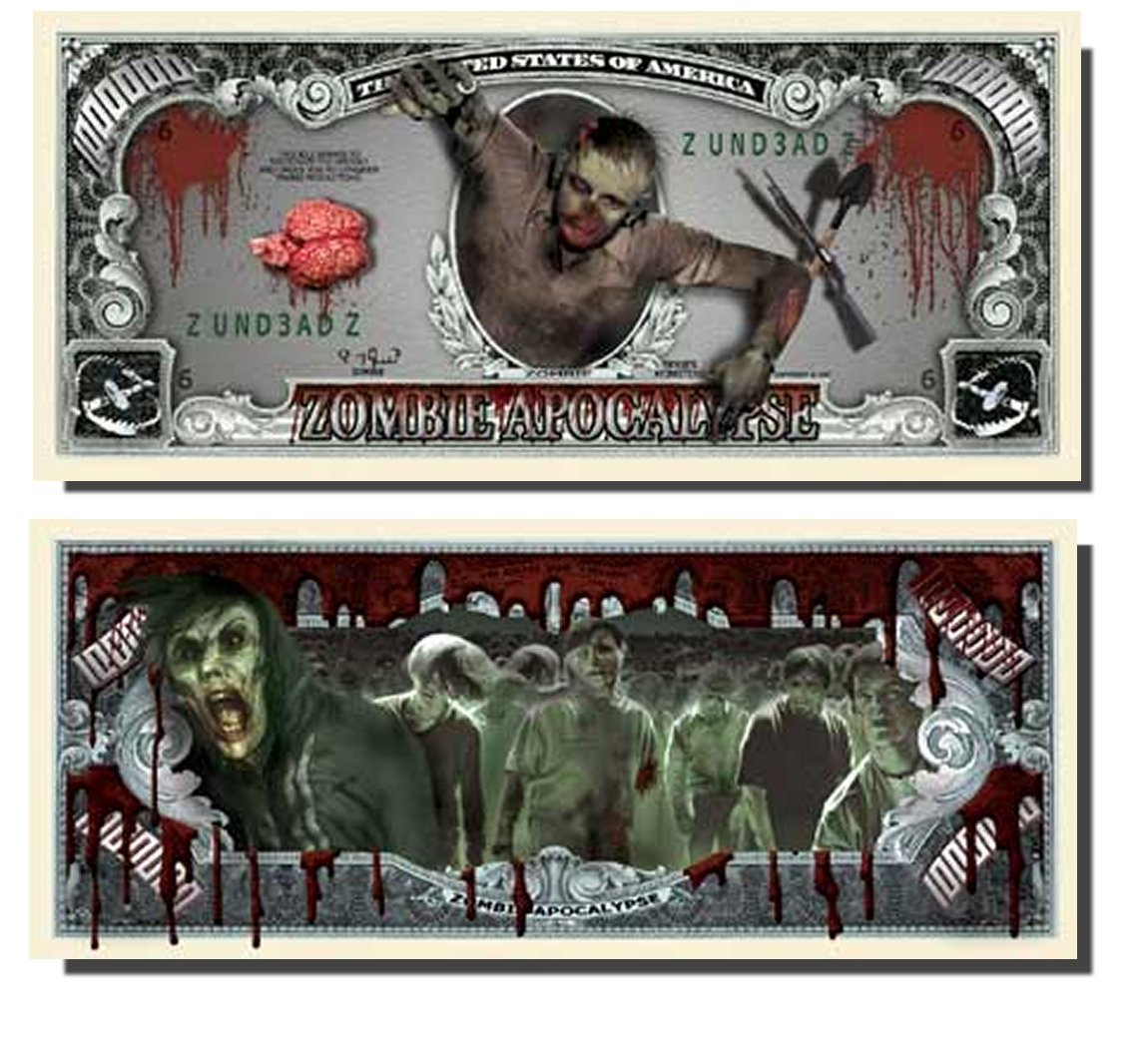 Set of 10 Zombie Apocalypse Novelty Million Dollar Bills with 1 Bonus Clear Protector & 1 Bonus Bill