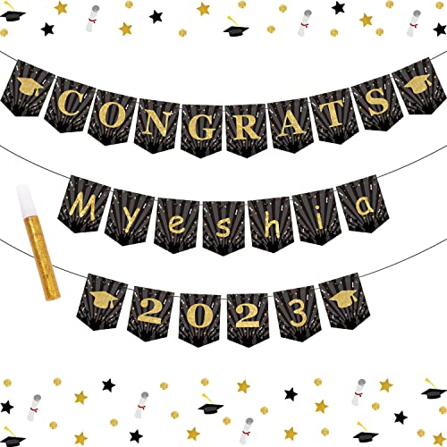 Graduation Banner 2023 Personalized Black and Gold - Congrats Grad Bunting Banner 2023 with Gold Pens for Car Home Senior College Graduation Party Decorations