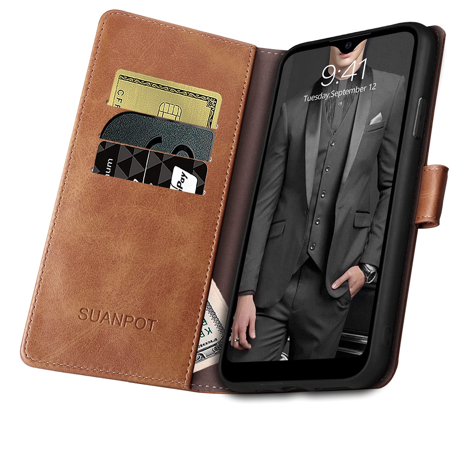 SUANPOT for Samsung Galaxy A12 with RFID Blocking Leather Wallet case Credit Card Holder, Flip Folio Book Phone case Shockproof Cover for Women Men for Samsung A12 case Wallet (Light Brown)