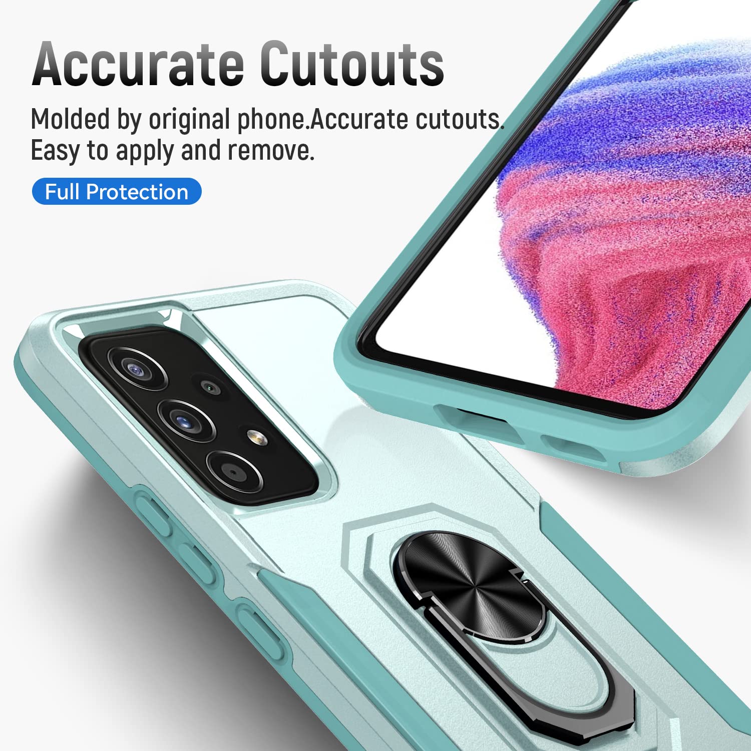 Janmitta Compatible with Samsung Galaxy A53 5G Case,with 1 Pack Screen Protector+1 Pack Camera Lens Protector,Shockproof Full Body Phone Cover,Built in Finger Ring Holder Kickstand,2022 Mint Green