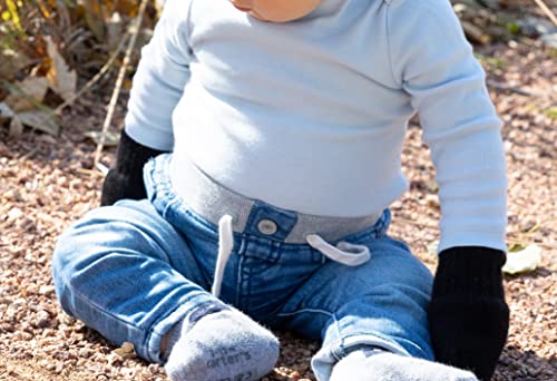 Infant Double Pom Beanie and Mittens Set - Diagonal Basketweave - Black