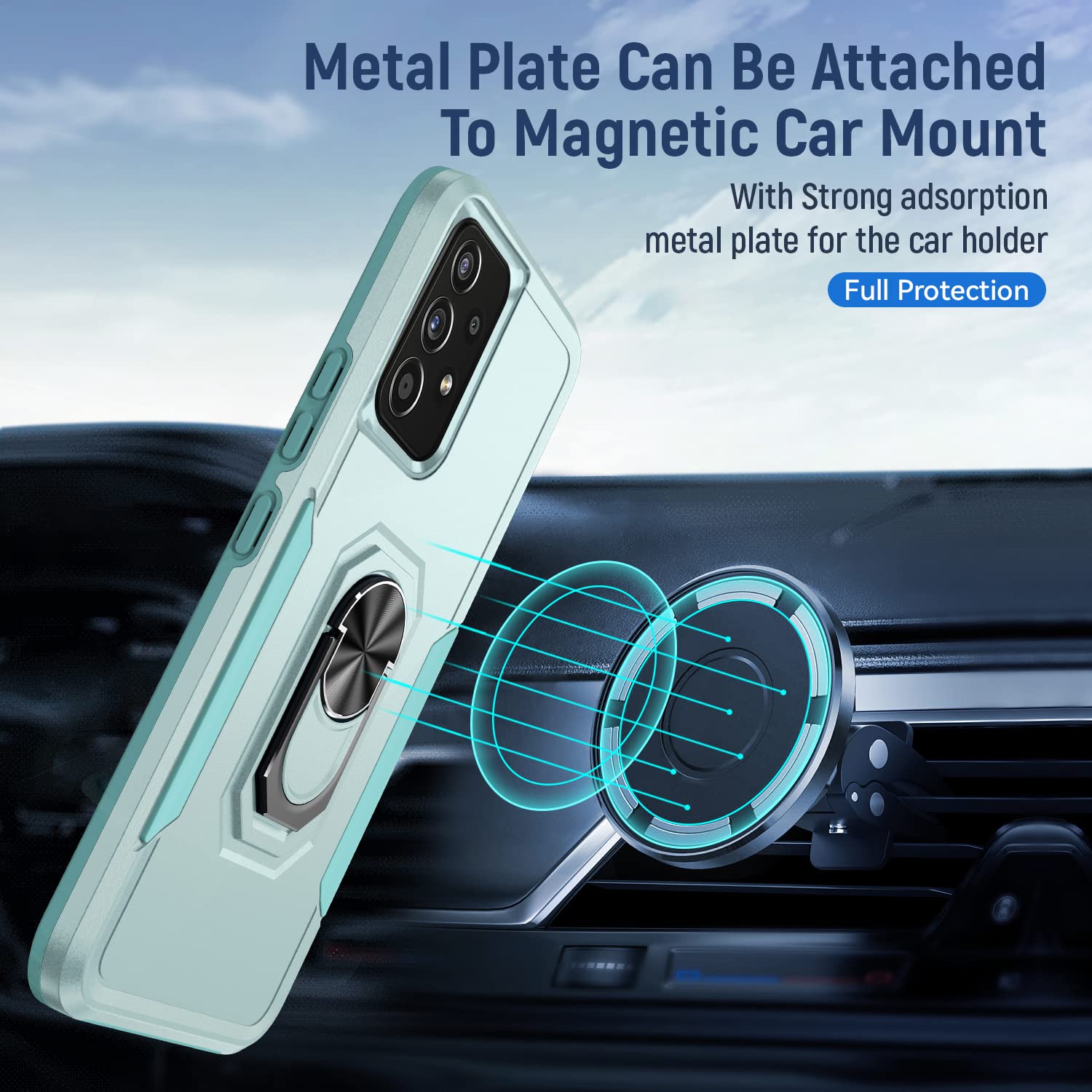 Janmitta Compatible with Samsung Galaxy A53 5G Case,with 1 Pack Screen Protector+1 Pack Camera Lens Protector,Shockproof Full Body Phone Cover,Built in Finger Ring Holder Kickstand,2022 Mint Green