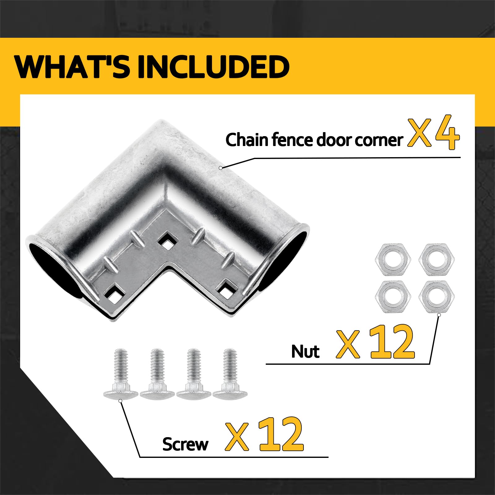 4 Pcs Chain Link Fence Gate Corner, 1-3/8" x 1-3/8" Aluminum Gate Corner Elbow with 12 Screws, Rust-Proof Chain Link Fence Fittings, 90° Gate Elbow Replacement for Outdoor Fence