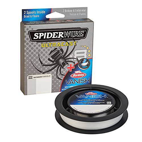SpiderWire Ultracast Braid Vanish Fluorocarbon Dual Spool, 30lb Translucent Braid with 50lb Clear Fluoro Leader, 164yd | 150m