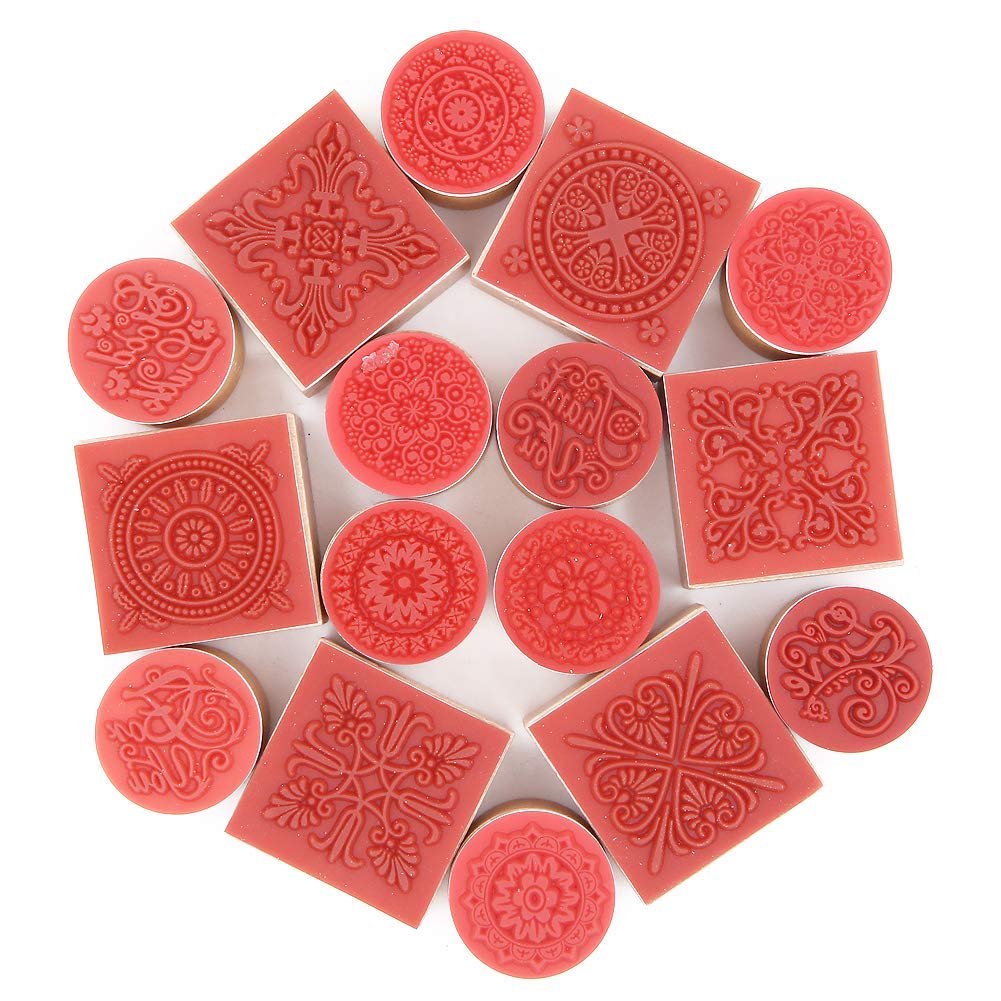 Set of 16 Floral Pattern Stamp, Lace Wooden Rubber Stamp for DIY Craft Card and Scrapbooking