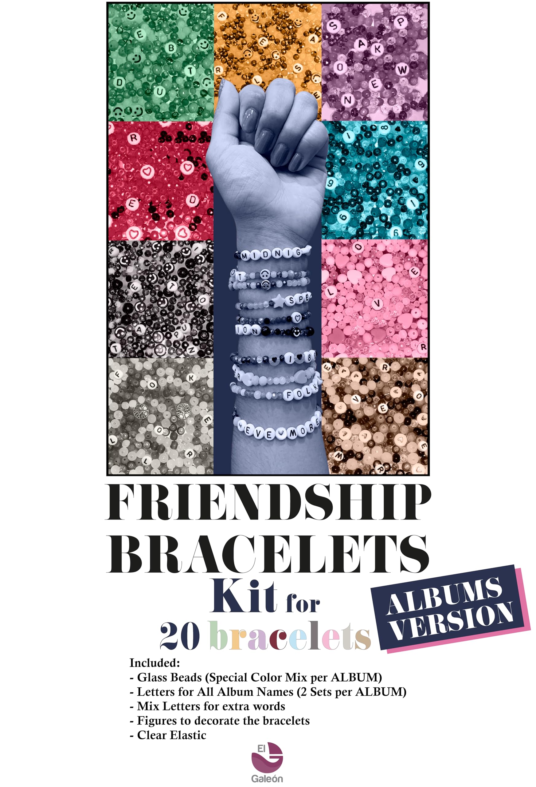 El Galeón Friendship Bracelet Kit DIY Albums Mix Beads for Bracelets Glass Alphabet Letter Beads Elastic (Albums Version)