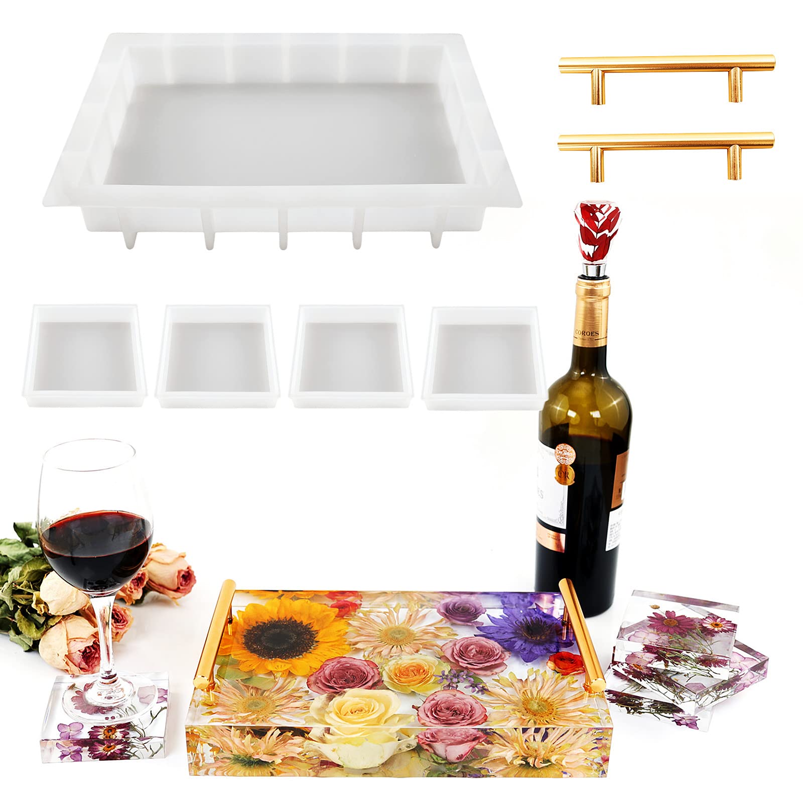 Resin Tray Molds Silicone, 13.5" Large Deep Rectangle Molds for Resin with 4pcs Coasters Mold, Epoxy Resin Casting Molds for DIY Flowers Preservation Resin Art Making Home DΓ©cor