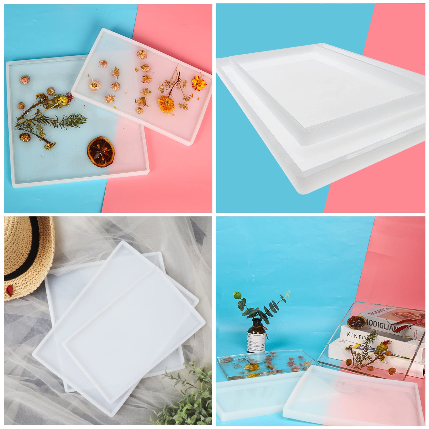 Woohome Large Silicone Resin Tray Mold, 7.8×11.8 inch/ 5.9×9.8inch Rectangle Plate Epoxy Resin Casting Mold for DIY Faux Agate Tray, Serving Board, Coaster, Home Decor