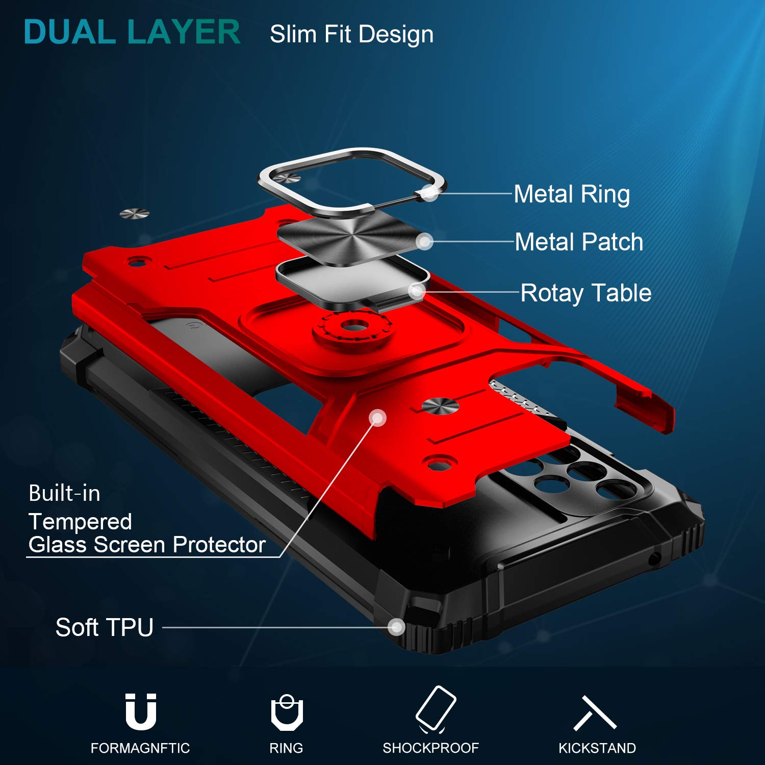 IKAZZ for Galaxy A51 5G Case with Screen Protector,Dual Layer Soft Flexible TPU and Hard PC Anti-Slip Full-Body Rugged Protective Phone Cover with Kickstand Red