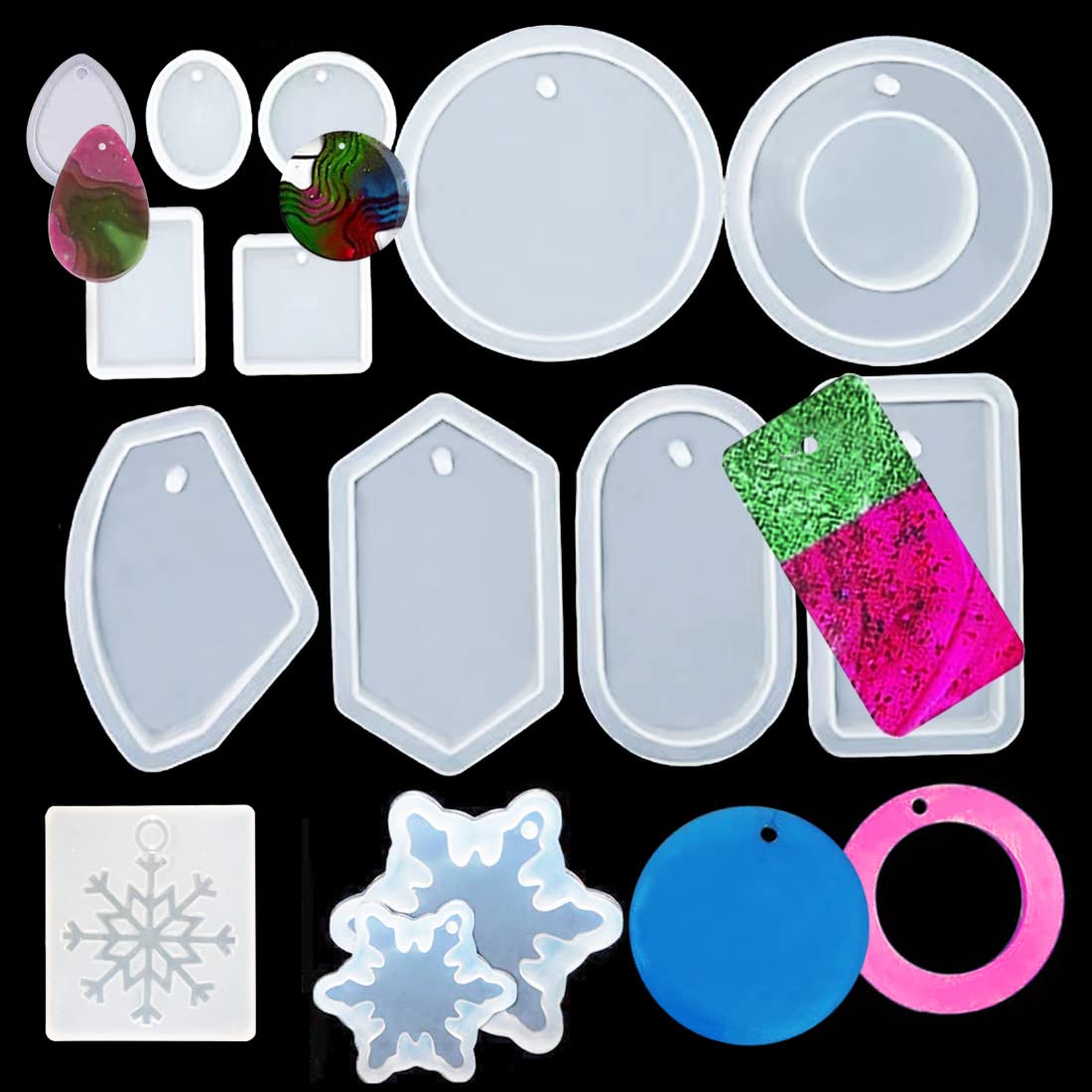 TuNan Set of 14 Casting Resin Molds Jewelry Making, Large & Small, 11 Silicone Pendent Trays with Hanging Hole & 3 Snowflake Charms Mould for DIY Craft - Circle/Square/Rectangle/Ring/Oval