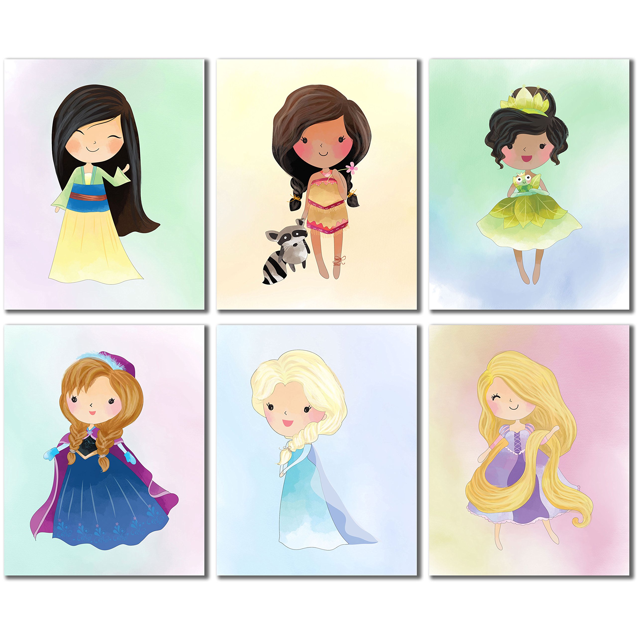 Disney Princess Kids Room Wall Decor - Mulan Anna Elsa Pocahontas Rapunzel Tiana Set of 6 Cute Art (8 inches x 10 inches) Photos