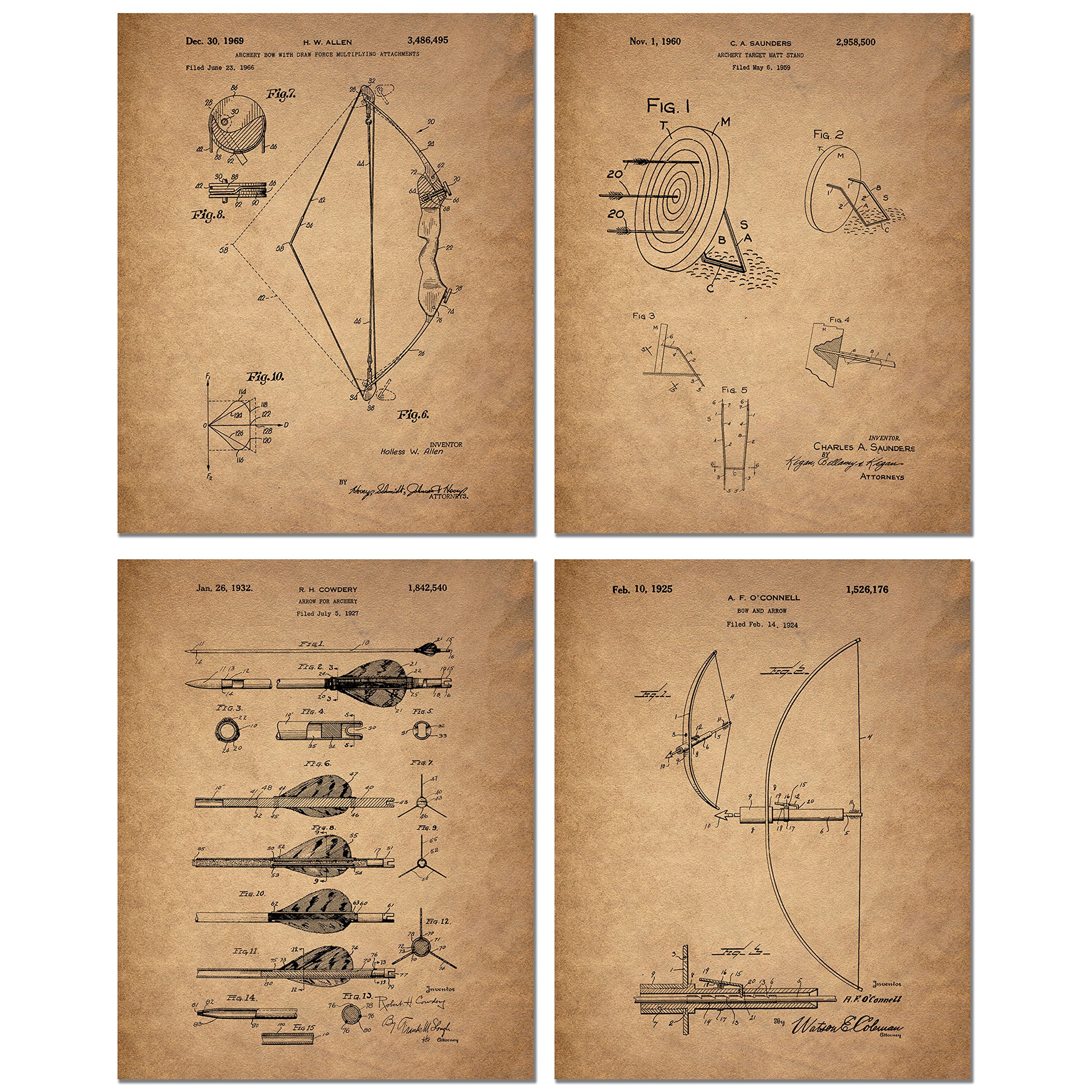 Archery Patent Art Prints - Set Of 4 (8 Inches X 10 Inches) Photos - Vintage Decor