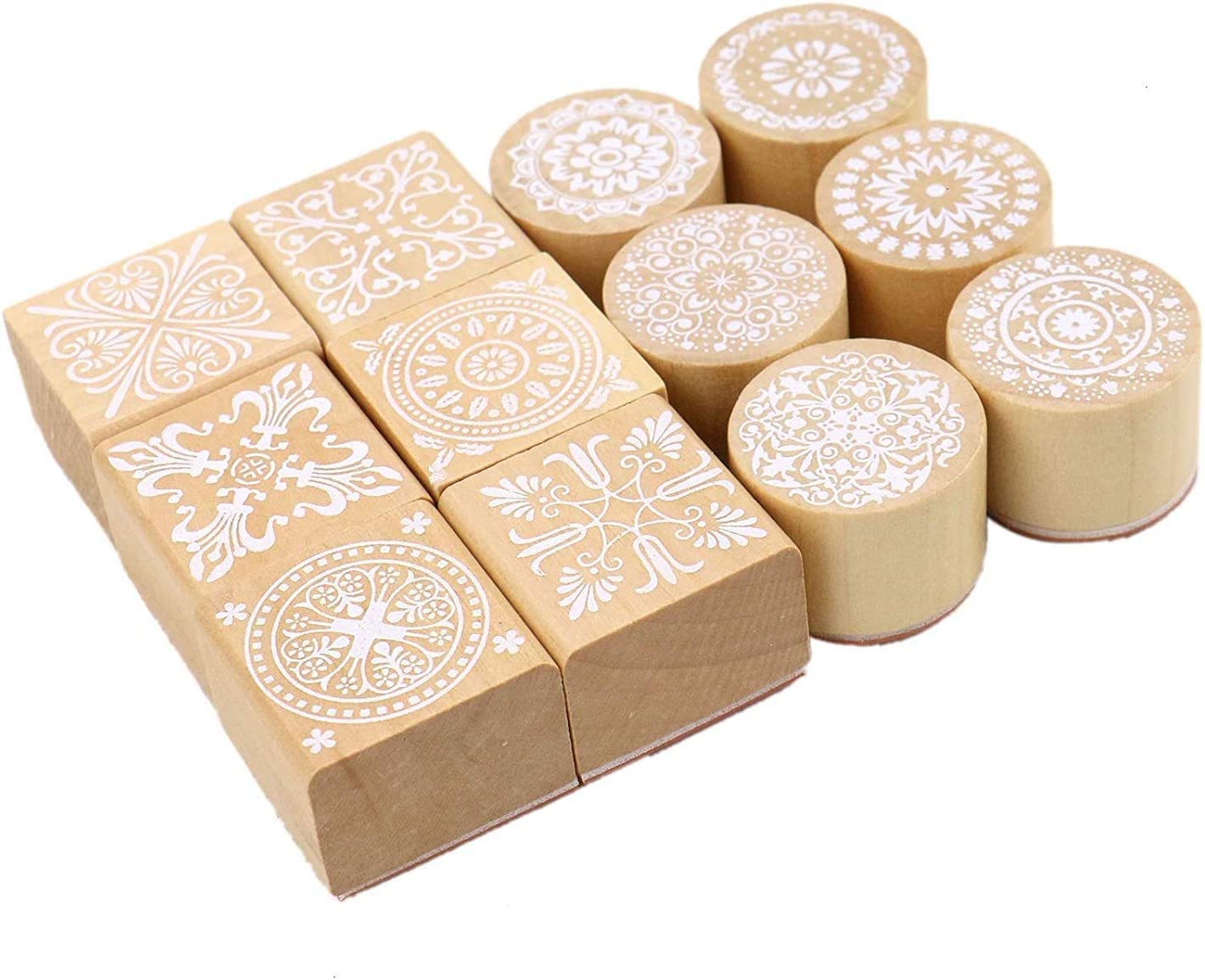 Waugve 12Pcs Wooden Stamps Floral Pattern Rubber Stamp Round and Square Lace Wooden Rubber Stamp for Scrapbooking and DIY Craft Card