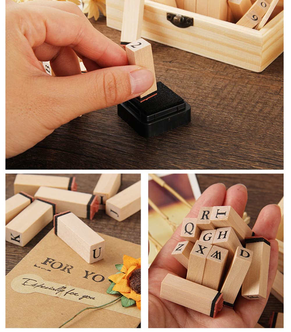 36 Pieces Wooden Rubber Letters Number Stamp, Alphabet Vintage Stamps Set for Card Making, DIY Clay Craft Scrapbooking, with Ink Pad and Box (A#)
