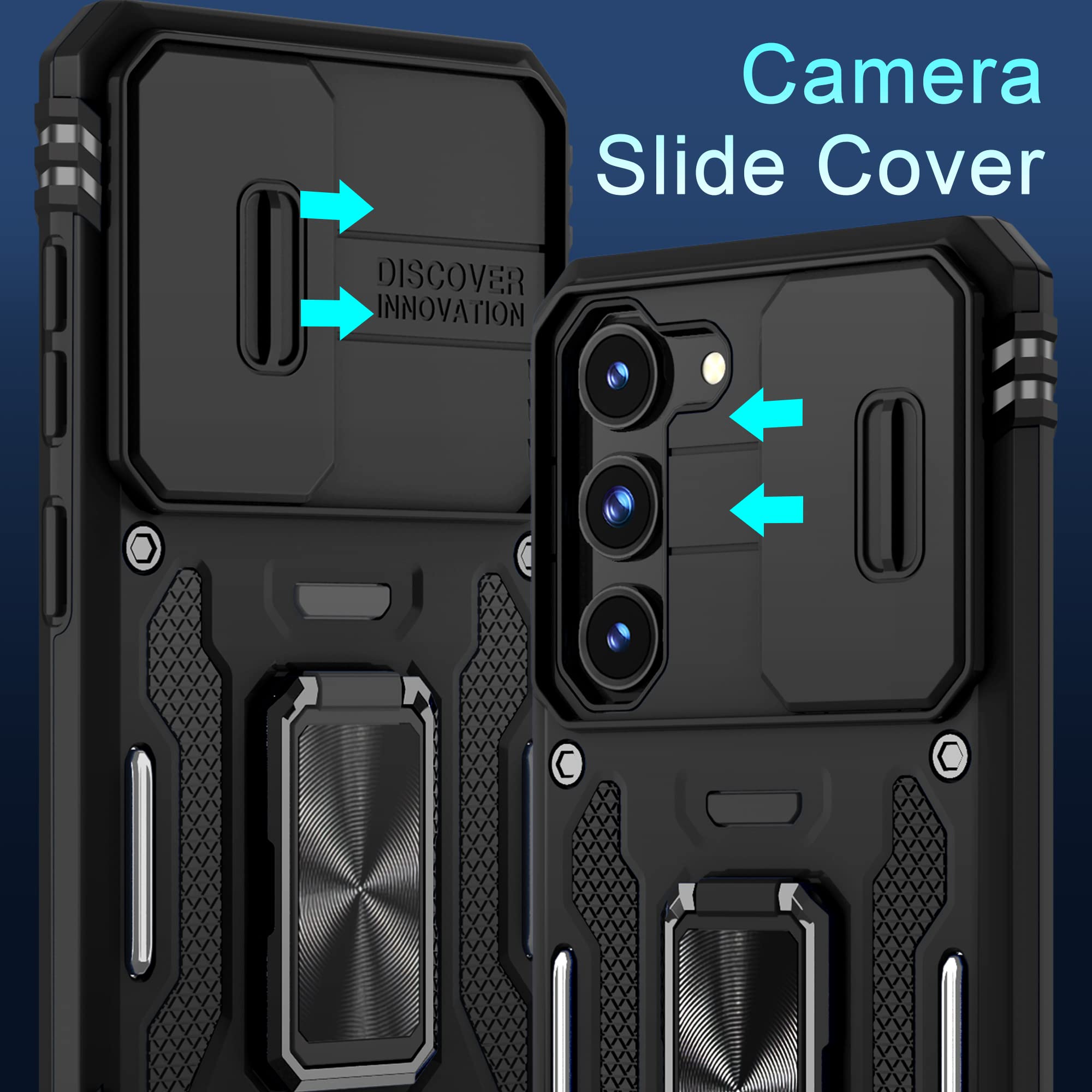 DEERLAMN Case for Samsung Galaxy S23 with Slide Camera Cover+Screen Protector(2 Packs), Rotated Ring Kickstand Military Grade Shockproof Protective Cover-Black