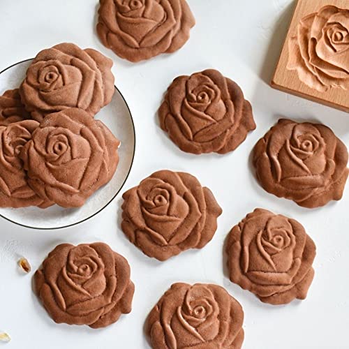 Wooden Cookie Molds, Wooden Cookie Biscuit Mold Baking Cookie Mold Wooden Carved Mold Cookie Cutter Embossing Mold, DIY Shapes Cookie Stamp,Gingerbread Mold,Pine Cone Mold (Rose)