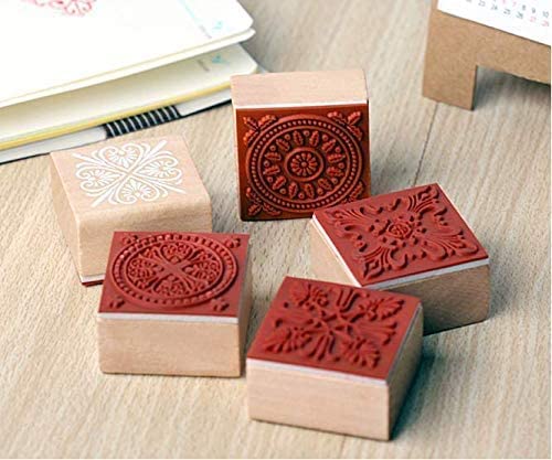 Waugve 12Pcs Wooden Stamps Floral Pattern Rubber Stamp Round and Square Lace Wooden Rubber Stamp for Scrapbooking and DIY Craft Card