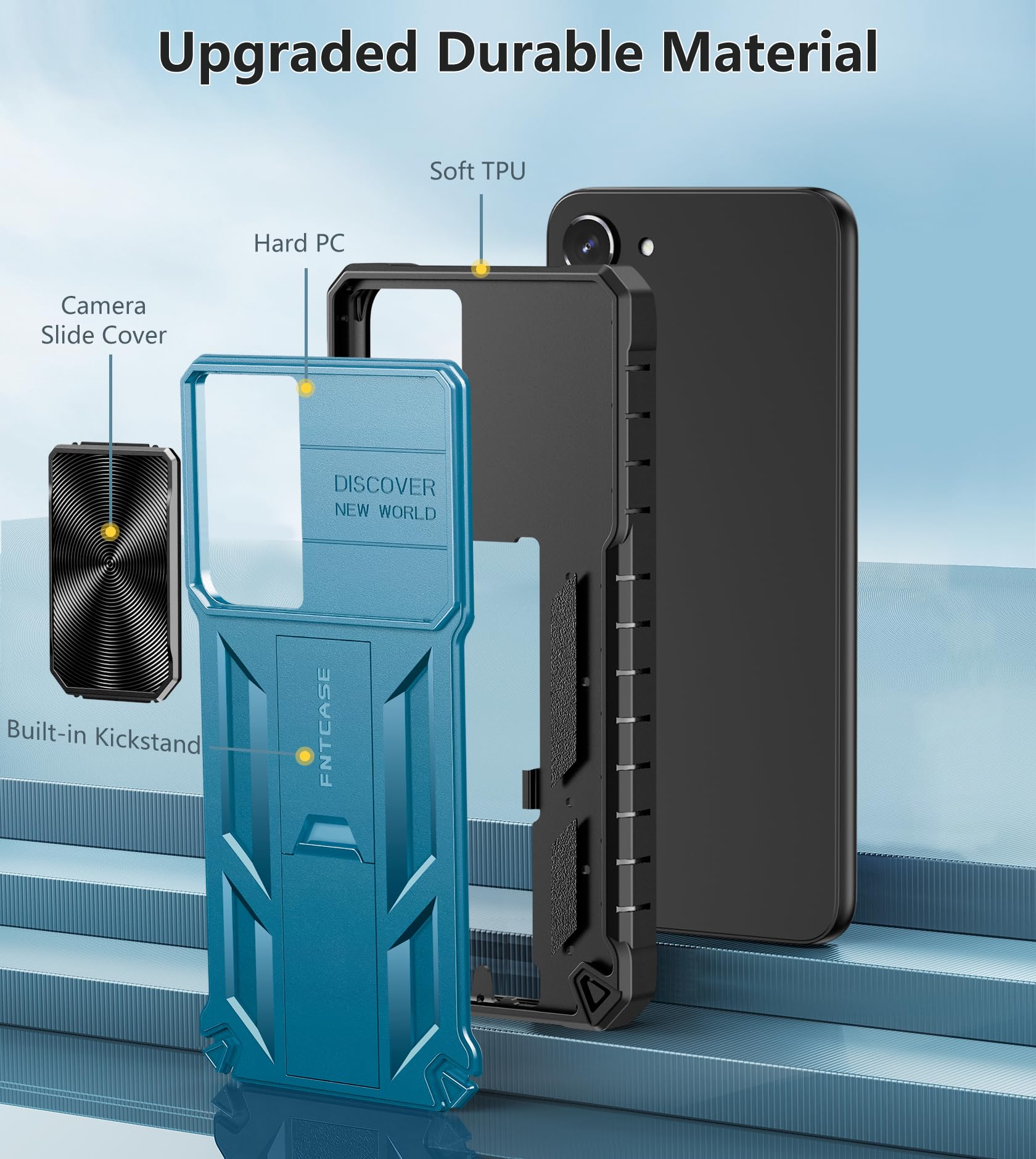 FNTCASE for Samsung Galaxy S23 Case: Military Grade Drop Protection Rugged Protective S23 5G Cell Phone Cover with Kickstand & Slide | Shockproof TPU Matte Textured Sturdy Bumper Cases 6.1'' - Blue