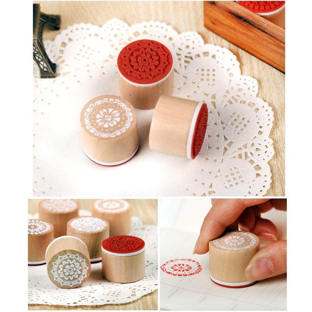 Set of 16 Floral Pattern Stamp, Lace Wooden Rubber Stamp for DIY Craft Card and Scrapbooking