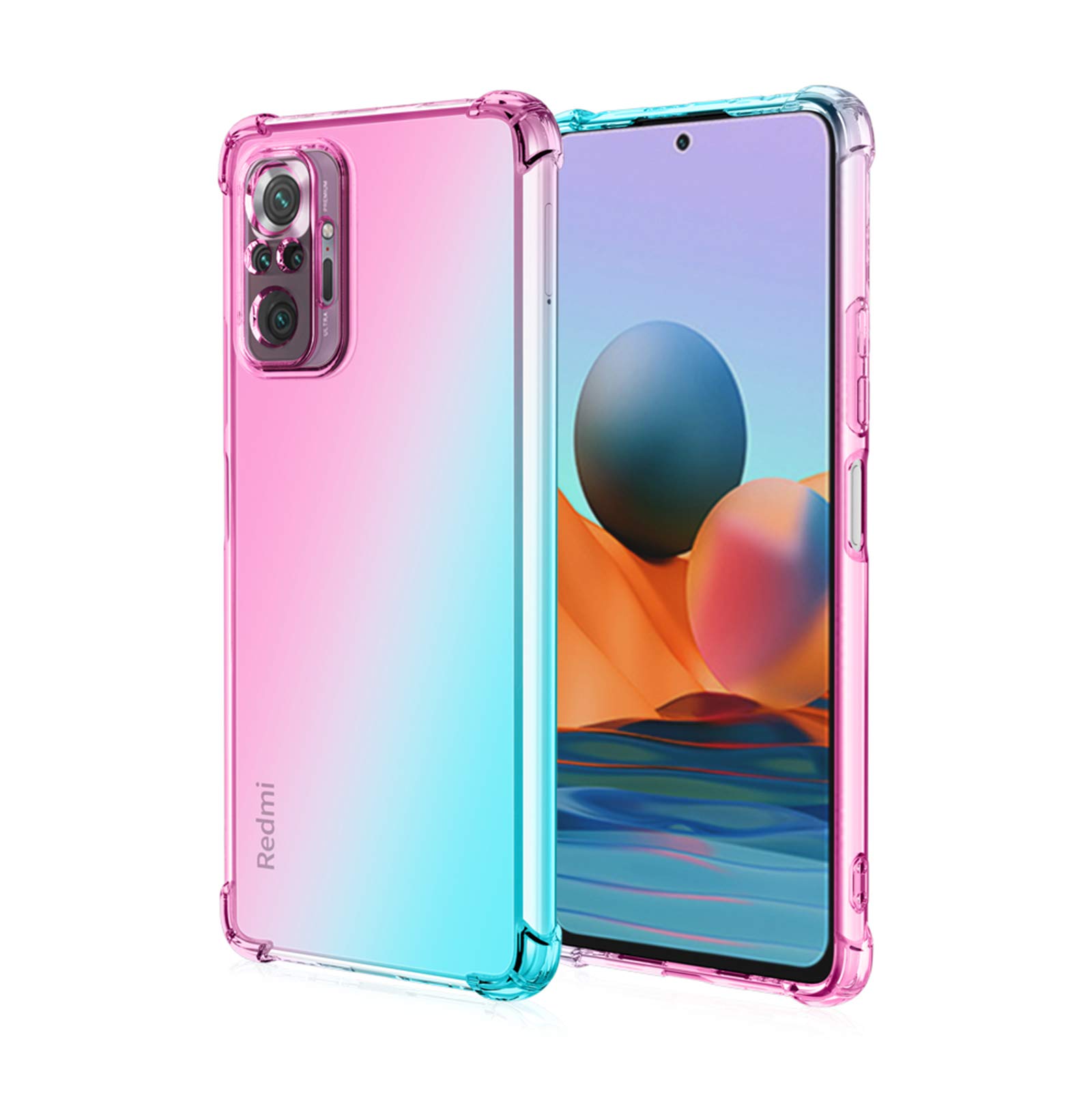 QCMM for Xiaomi Redmi Note 10 Pro/Redmi Note 10 Pro Max Case Slim Shock Absorption Transparent TPU Soft Edge Bumper with Reinforced Corners Multicolor Gradient Protective Cover, Pink Green