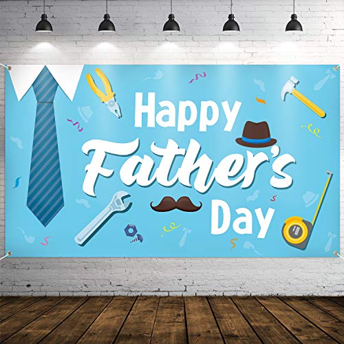 WATINC Happy Fatherâs Day Backdrop Banner 78â x 45â Extra Large Blue Background Banners Shirt Tie Hat Moustache Polyester Backdrops Party Decorations Photo Booth Prop for Indoor Outdoor
