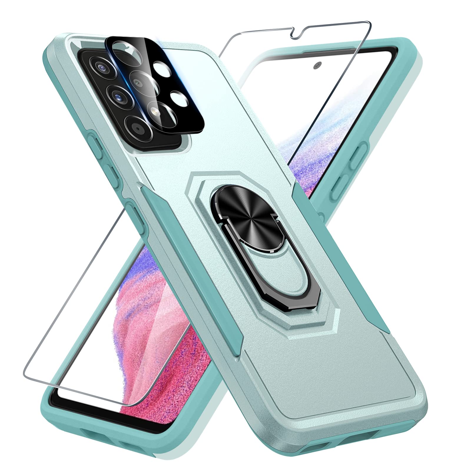 Janmitta Compatible with Samsung Galaxy A53 5G Case,with 1 Pack Screen Protector+1 Pack Camera Lens Protector,Shockproof Full Body Phone Cover,Built in Finger Ring Holder Kickstand,2022 Mint Green