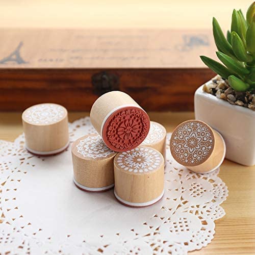 Waugve 12Pcs Wooden Stamps Floral Pattern Rubber Stamp Round and Square Lace Wooden Rubber Stamp for Scrapbooking and DIY Craft Card