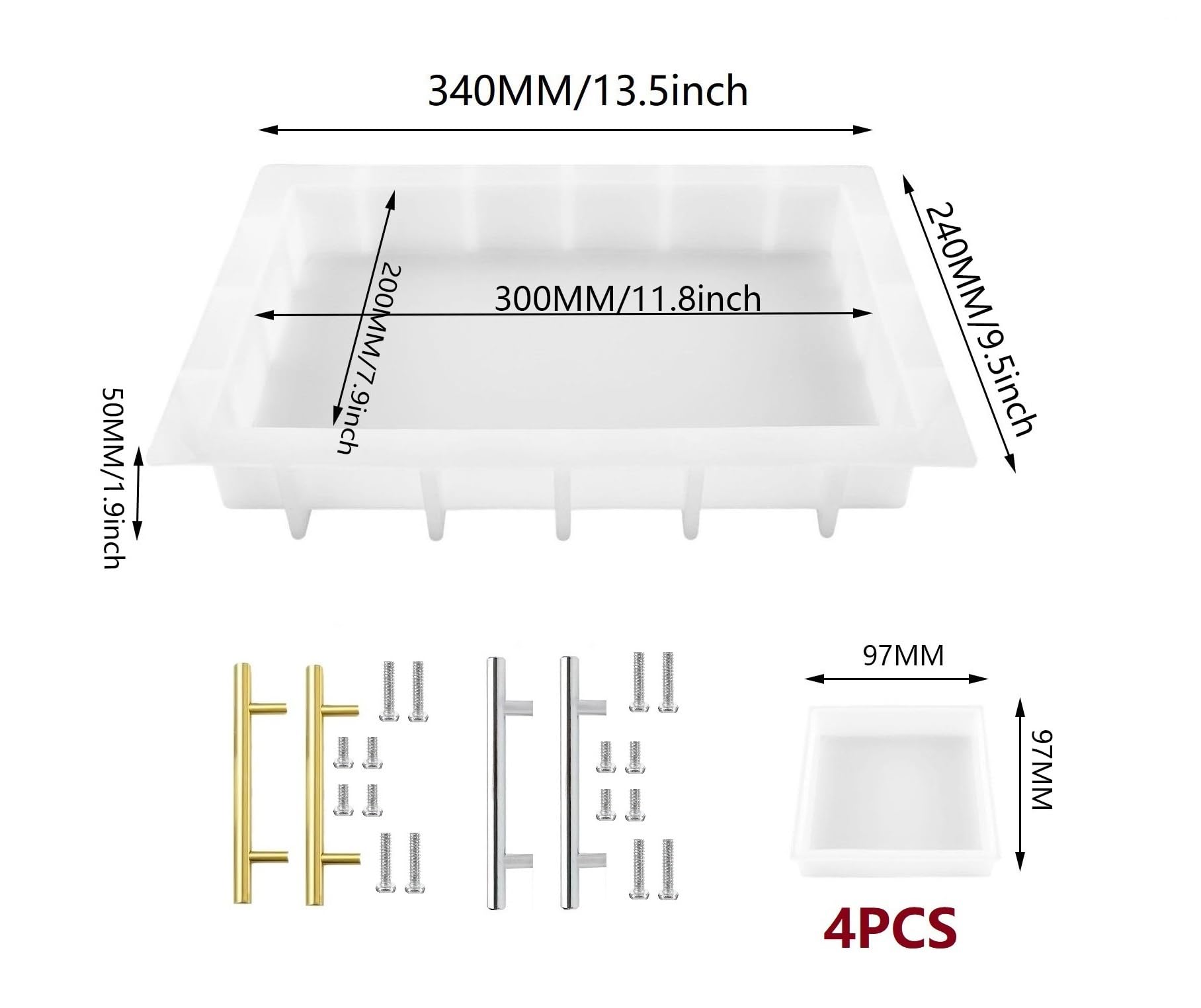 Resin Tray Molds Silicone, 13.5" Large Rectangle Deep Tray Resin Mold and 4 Piece Square Deep Coaster Molds, Silicone Tray Board Table Resin Mold & Handles, Floral Preservation Bouquet Resin Mold