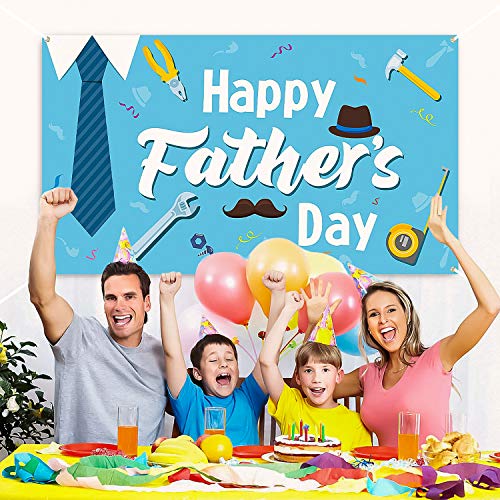 WATINC Happy Father’s Day Backdrop Banner 78” x 45” Extra Large Blue Background Banners Shirt Tie Hat Moustache Polyester Backdrops Party Decorations Photo Booth Prop for Indoor Outdoor