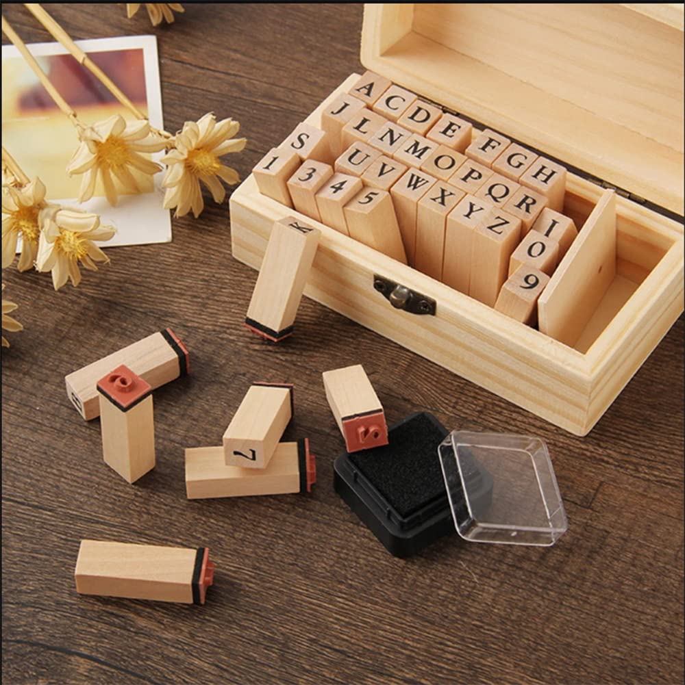 36 Pieces Wooden Rubber Letters Number Stamp, Alphabet Vintage Stamps Set for Card Making, DIY Clay Craft Scrapbooking, with Ink Pad and Box (A#)
