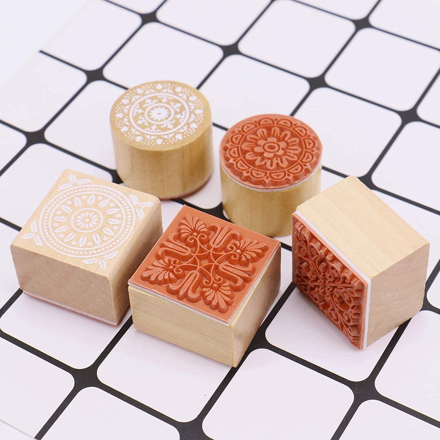 Waugve 12Pcs Wooden Stamps Floral Pattern Rubber Stamp Round and Square Lace Wooden Rubber Stamp for Scrapbooking and DIY Craft Card