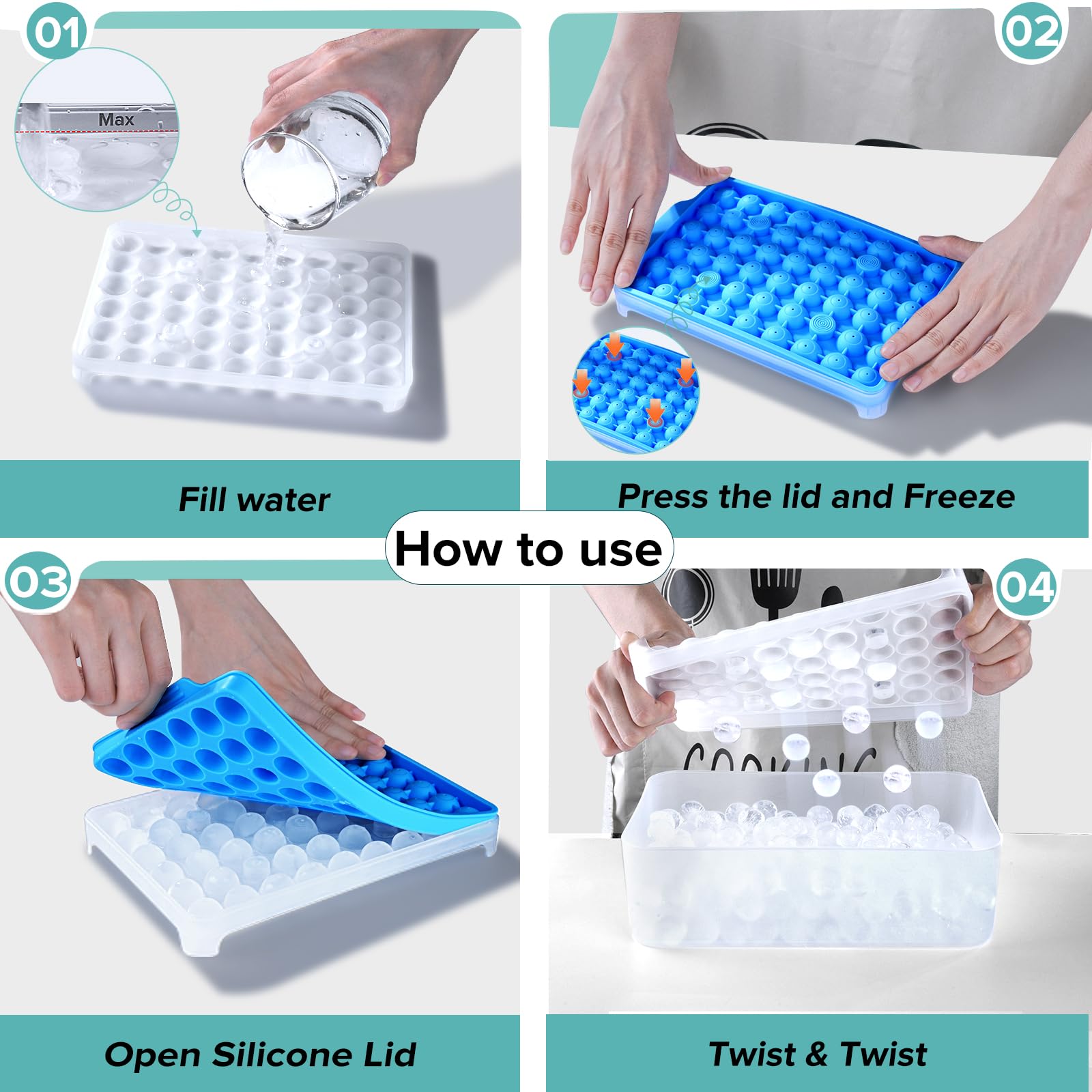 longzon Mini Round Ice Cube Tray with Lid and Bin, 2 pack Silicone Ice Cube Trays for Freezer,Circle Ice Mold,Ice Trays for Freezer Making 100pcs 20mm Sphere Ice Balls Chilling Cocktail Whiskey Coffee