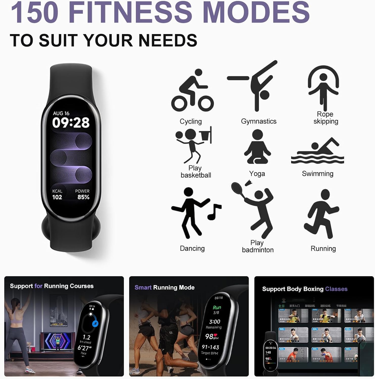 Xiaomi Mi Band 8 Smart Bracelet 1.62“ AMOLED Screen Heart Rate Blood Oxygen Bluetooth Sport Watch Fitness Traker Watch(Global Version Black) (M2239B1)