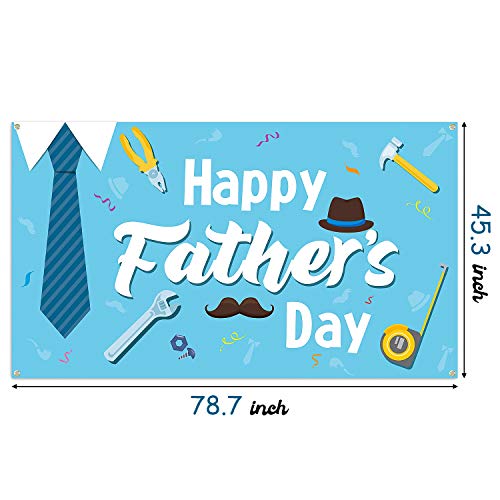 WATINC Happy Father’s Day Backdrop Banner 78” x 45” Extra Large Blue Background Banners Shirt Tie Hat Moustache Polyester Backdrops Party Decorations Photo Booth Prop for Indoor Outdoor