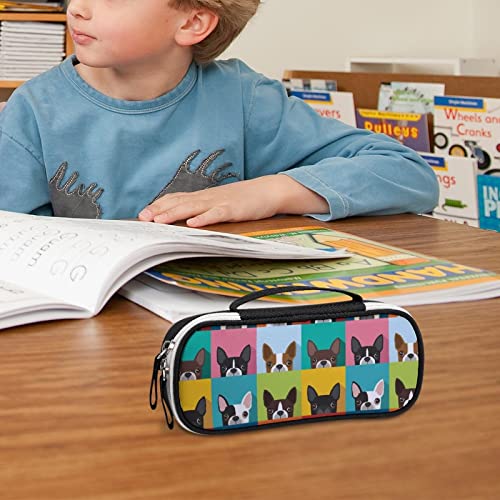 Boston Terrier Pattern PU Leather Pen Pencil Bag Organizer Portable Makeup Carry Case Storage Handbag