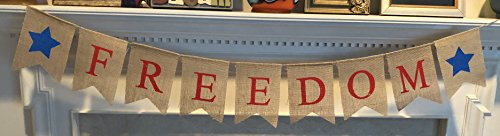 FREEDOM Burlap Patriotic Banner Bunting - 4th of July Party Decoration - Memorial Day Burlap Celebration Supplies - Honor Military Veterans Day Garland by Jolly Jon