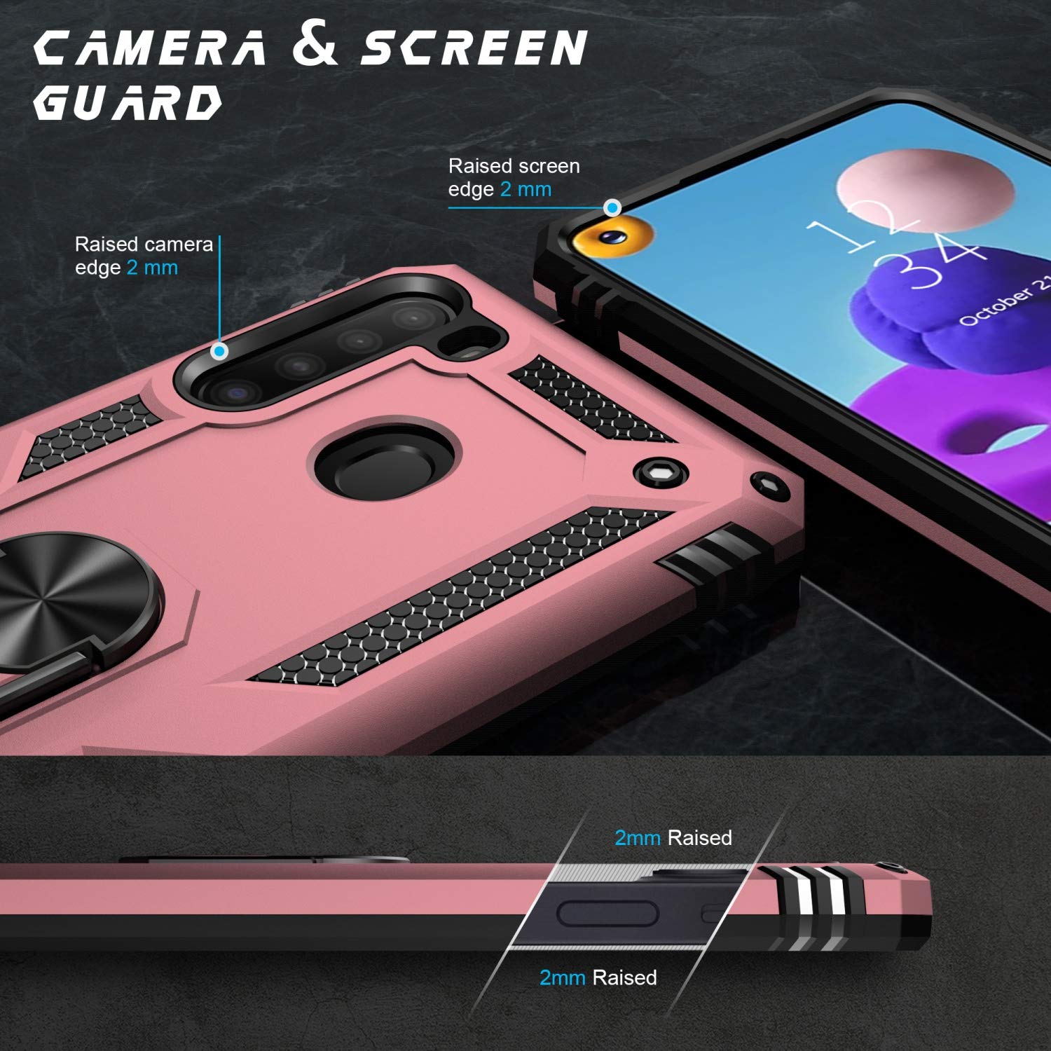 MERRO for Galaxy A21 Case with Screen Protector,Military Grade Heavy Duty Shockproof Protective Phone Cover Pass 16ft Drop Test with Magnetic Kickstand and Car Mount Holder Rose Gold Color