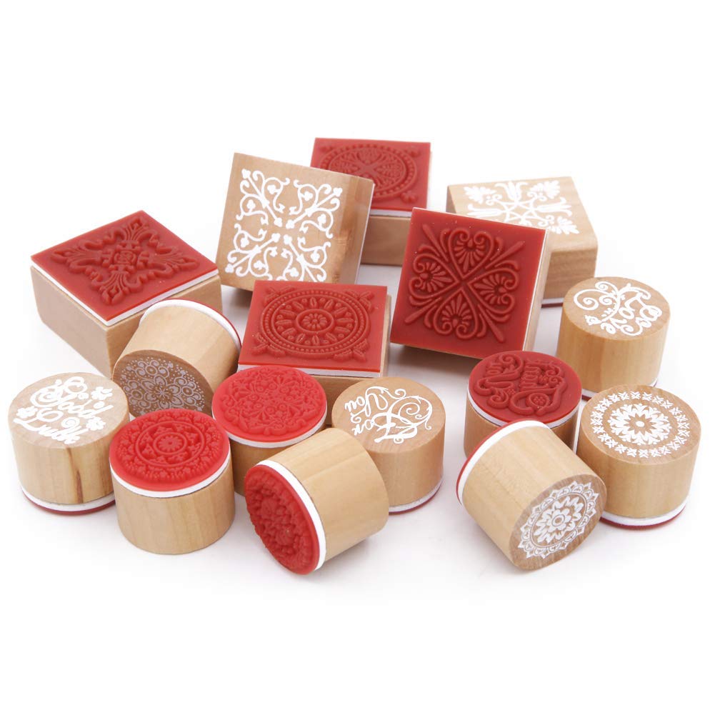 Set of 16 Floral Pattern Stamp, Lace Wooden Rubber Stamp for DIY Craft Card and Scrapbooking
