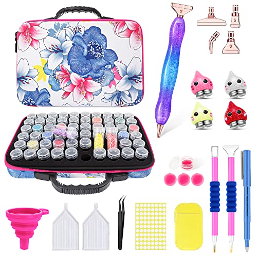 Kuangben 60 Slots Diamond Painting Storage Containers, Diamond Painting Accessories with Resin Diamond Painting Drill Pen, Magnet Cover Holder etc. Diamond Painting Kits (Pink)