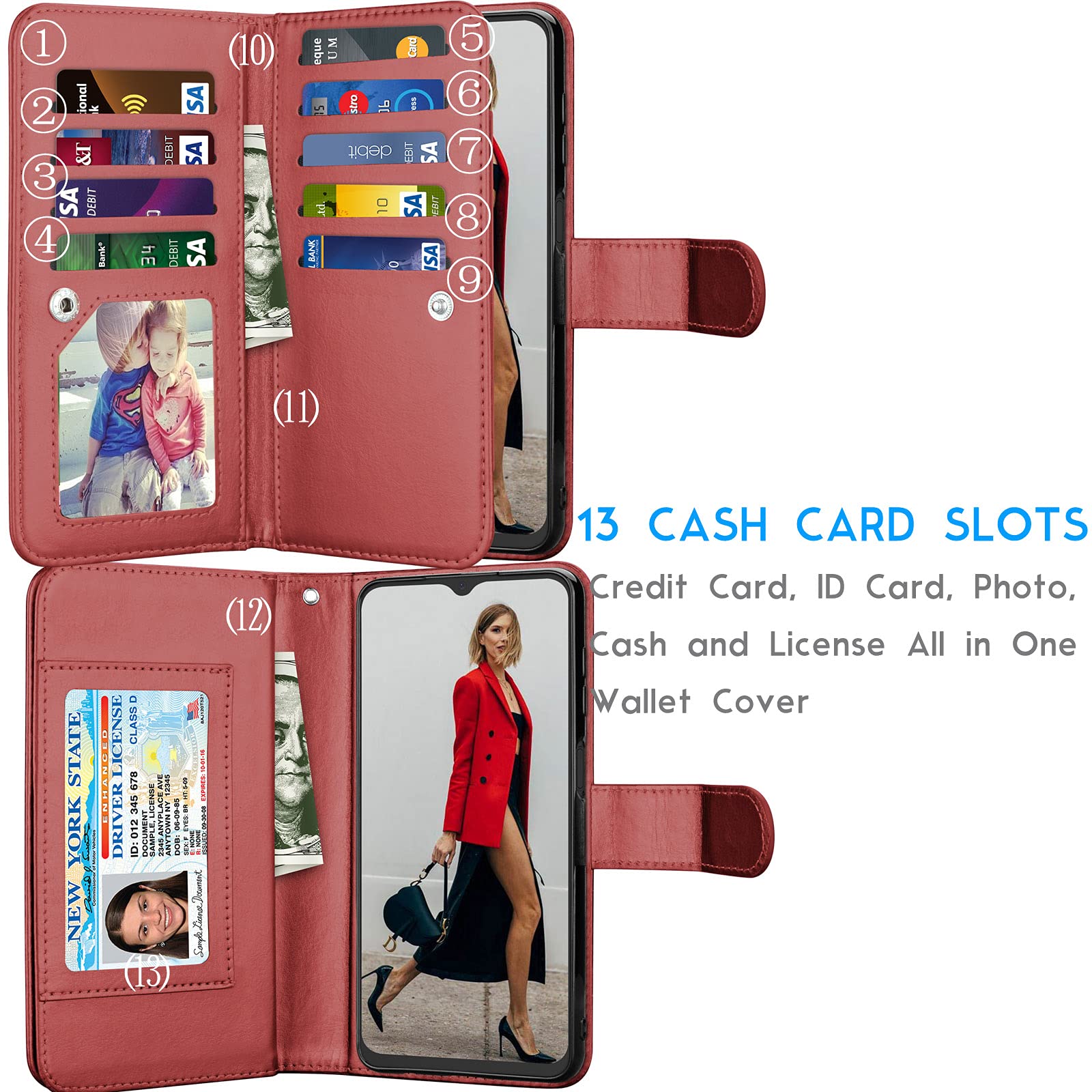 Tekcoo Luxury PU Leather Case, Galaxy A12 5G Flip Wallet Case, Detachable Magnetic Hard Case, Kickstand, Wine Red