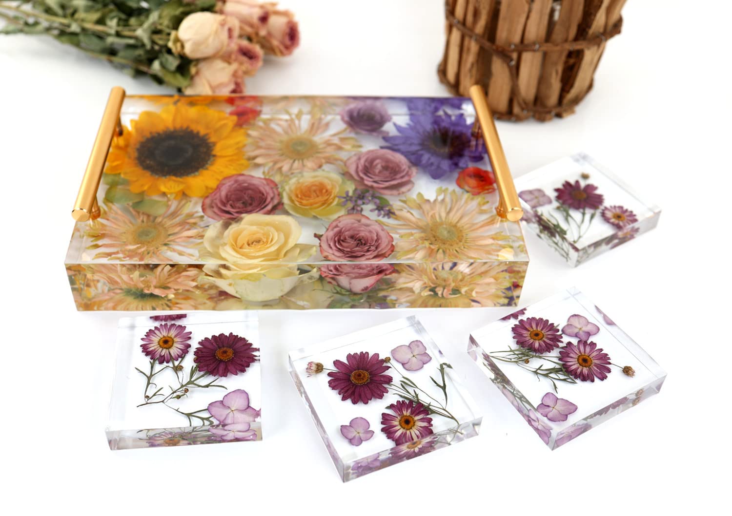 Resin Tray Molds Silicone, 13.5" Large Rectangle Deep Tray Resin Mold and 4 Piece Square Deep Coaster Molds, Silicone Tray Board Table Resin Mold & Handles, Floral Preservation Bouquet Resin Mold
