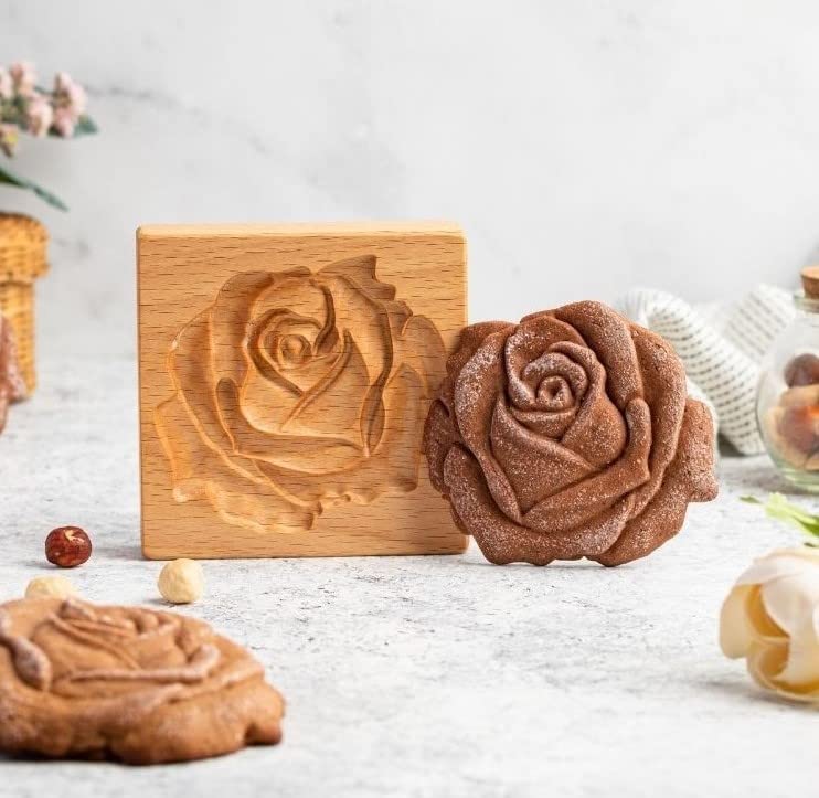 Wooden Cookie Molds, Wooden Cookie Biscuit Mold Baking Cookie Mold Wooden Carved Mold Cookie Cutter Embossing Mold, DIY Shapes Cookie Stamp,Gingerbread Mold,Pine Cone Mold (Rose)