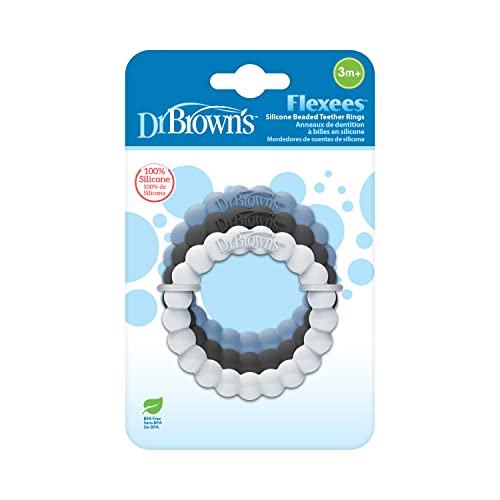 Dr. Brown’s Flexees Beaded Teether Rings, 100% Silicone, Soft & Easy to Hold, Encourages Self-Soothe, 3 Pack, Blue, Light Blue, Black, BPA Free, 3m+