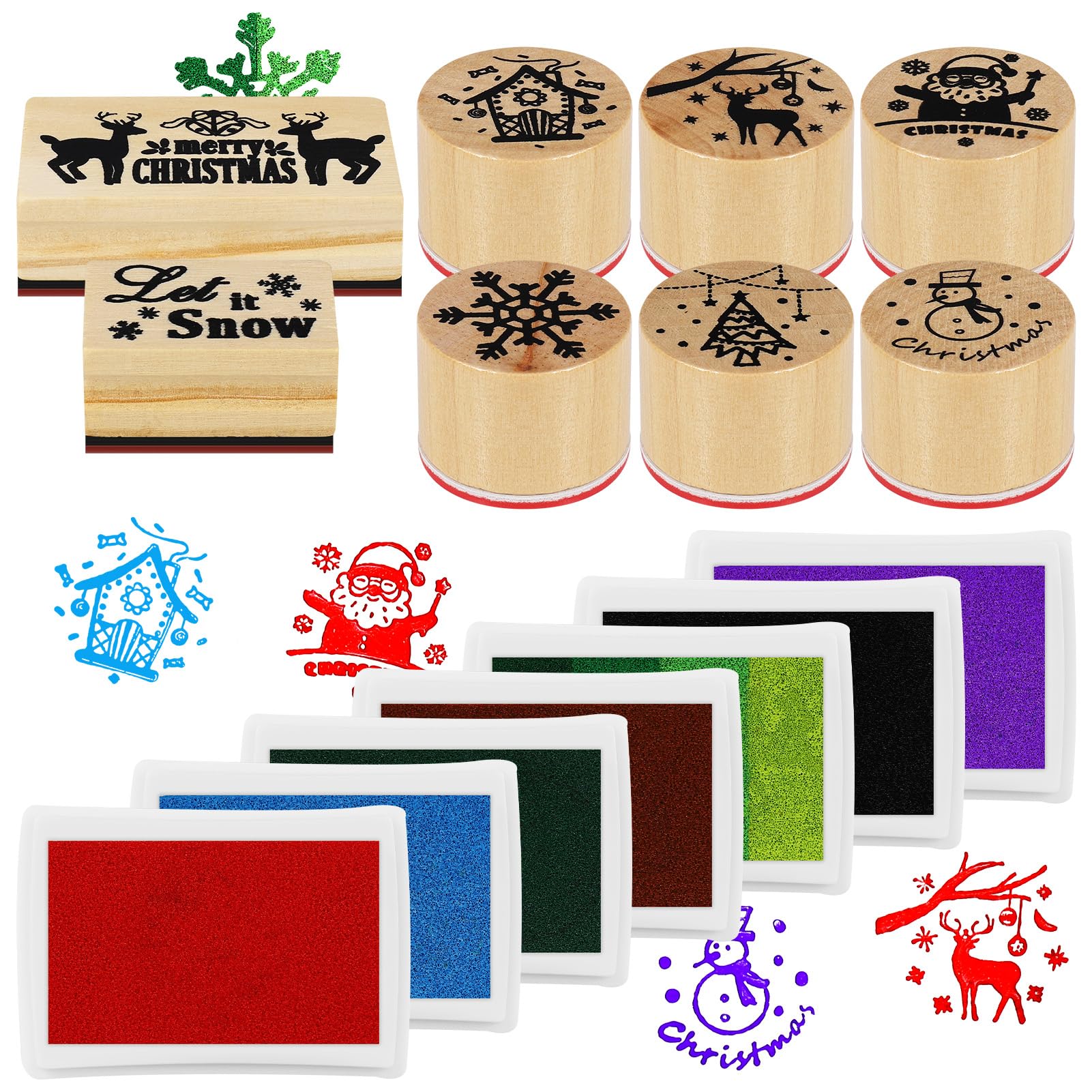 Auidy_6TXD 8 Pieces Christmas Wooden Stamp Set with Stamp Pad for Printing Stamps, Christmas Stamp Ink Set for Children DIY Scrapbooks Guest Gift
